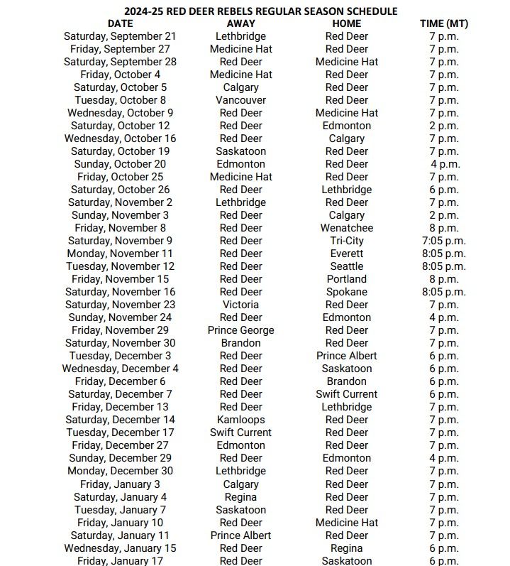 Red Deer Rebels announce 2024-25 schedule - CentralAlbertaOnline.com - Local news, Weather ...